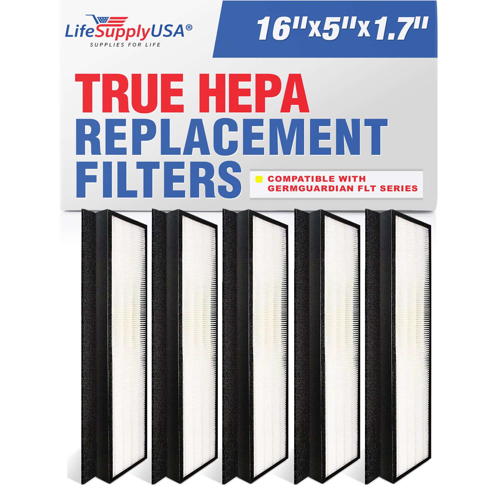 LifeSupplyUSA 5-Pack HEPA Filter Replacement, Compatible with GermGuardian FLT4850PT AC4800, Efficient Air Purifier Filter B, Easy Install, 16x5x1.75 inches