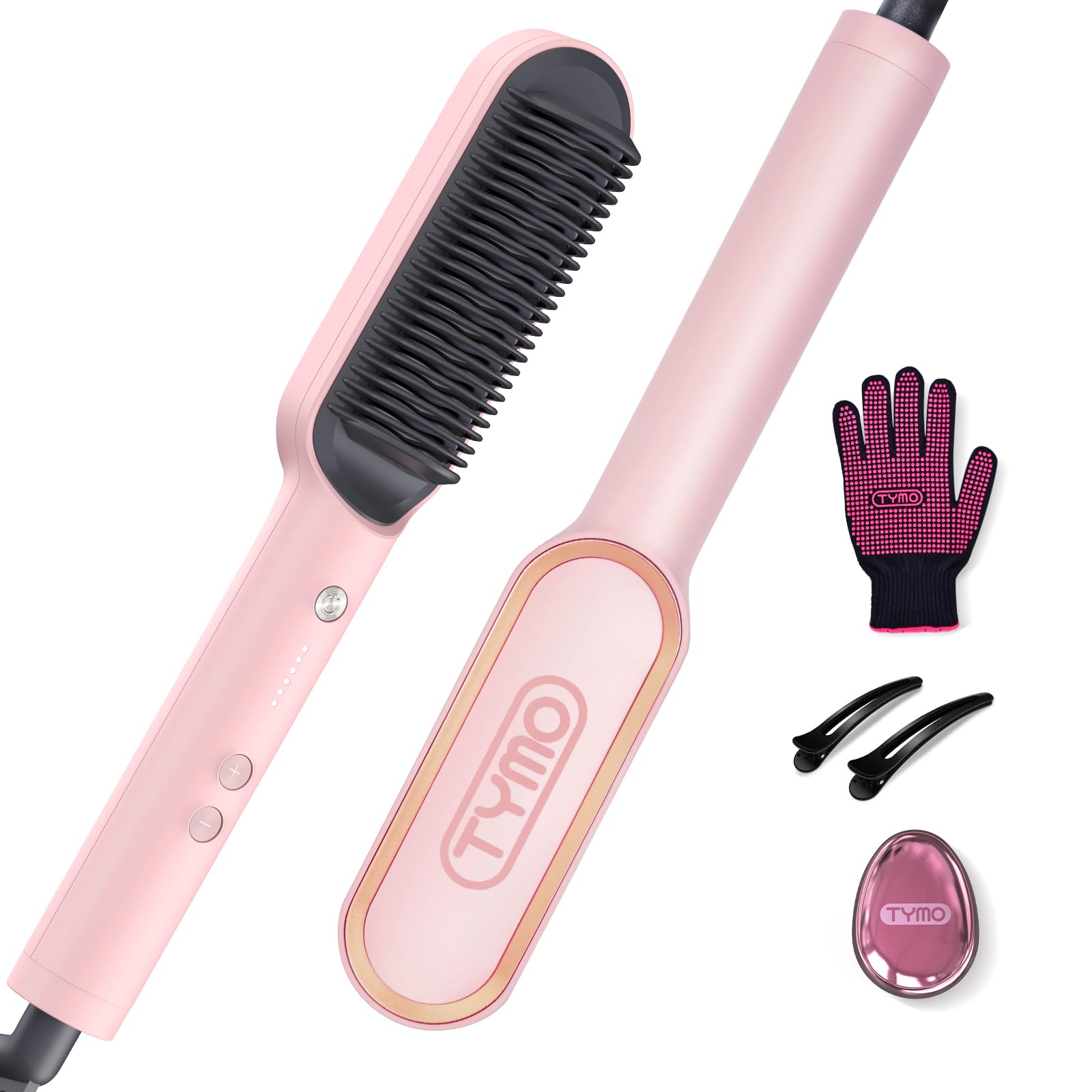 TYMO Ring Pink Hair Straightener Brush – Hair Straightening Iron with Built-in Comb, 20s Fast Heating & 5 Temp Settings & Anti-Scald, Perfect for Professional Salon at Home