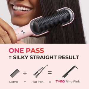 TYMO Ring Pink Hair Straightener Brush – Hair Straightening Iron with Built-in Comb, 20s Fast Heating & 5 Temp Settings & Anti-Scald, Perfect for Professional Salon at Home