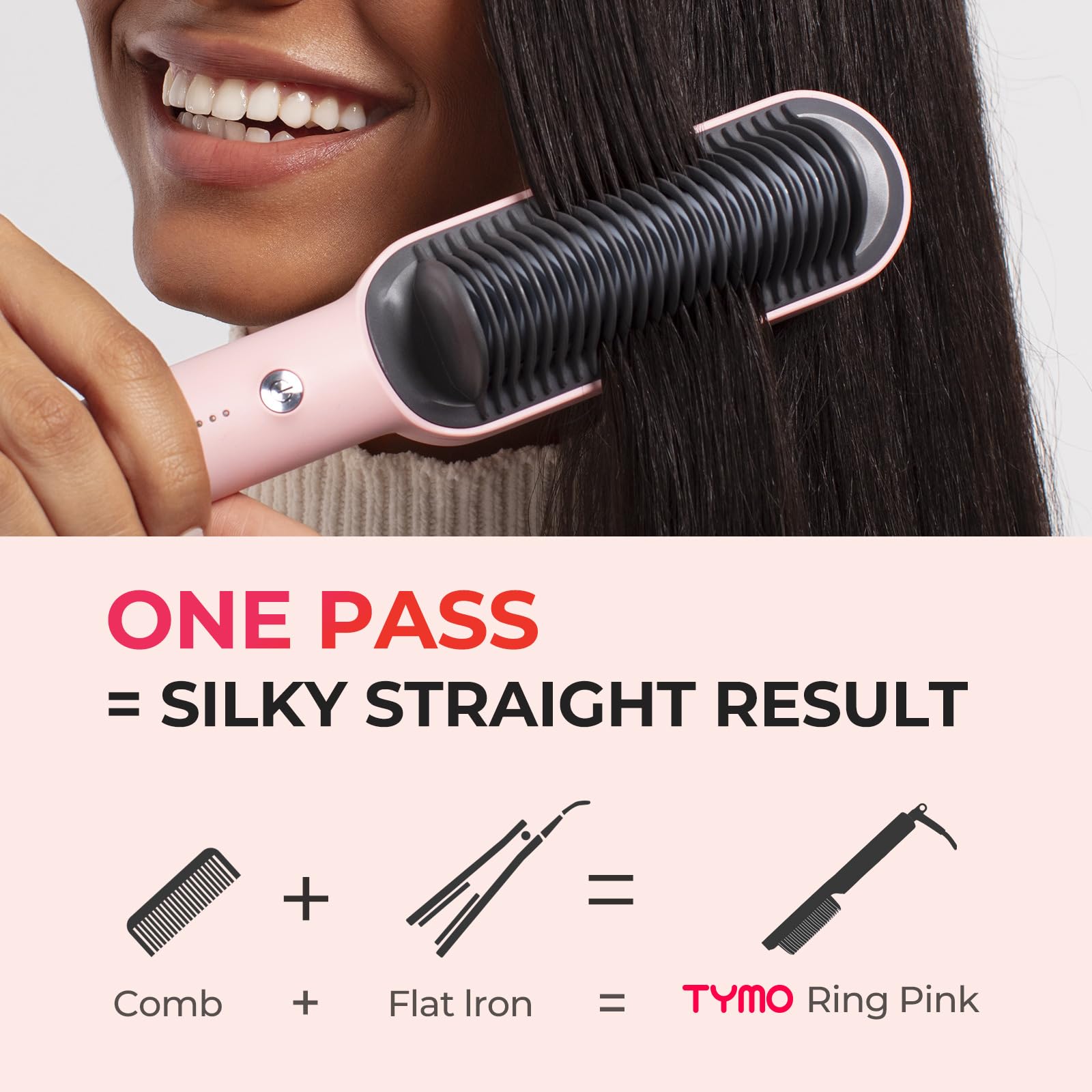 TYMO Ring Pink Hair Straightener Brush – Hair Straightening Iron with Built-in Comb, 20s Fast Heating & 5 Temp Settings & Anti-Scald, Perfect for Professional Salon at Home