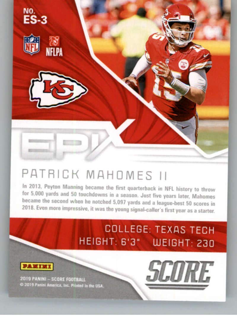 2019 Score NFL Epix Season #3 Patrick Mahomes II Kansas City Chiefs Official Football Card made by Panini