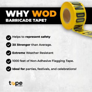 WOD BRC-YNP Barricade Caution Flagging Tape - 3 inch x 1000 feet - High Visibility Bright Yellow for Workplace Safety, Marking Boundaries & Hazardous Areas, Non-Adhesive & Heavy-Duty