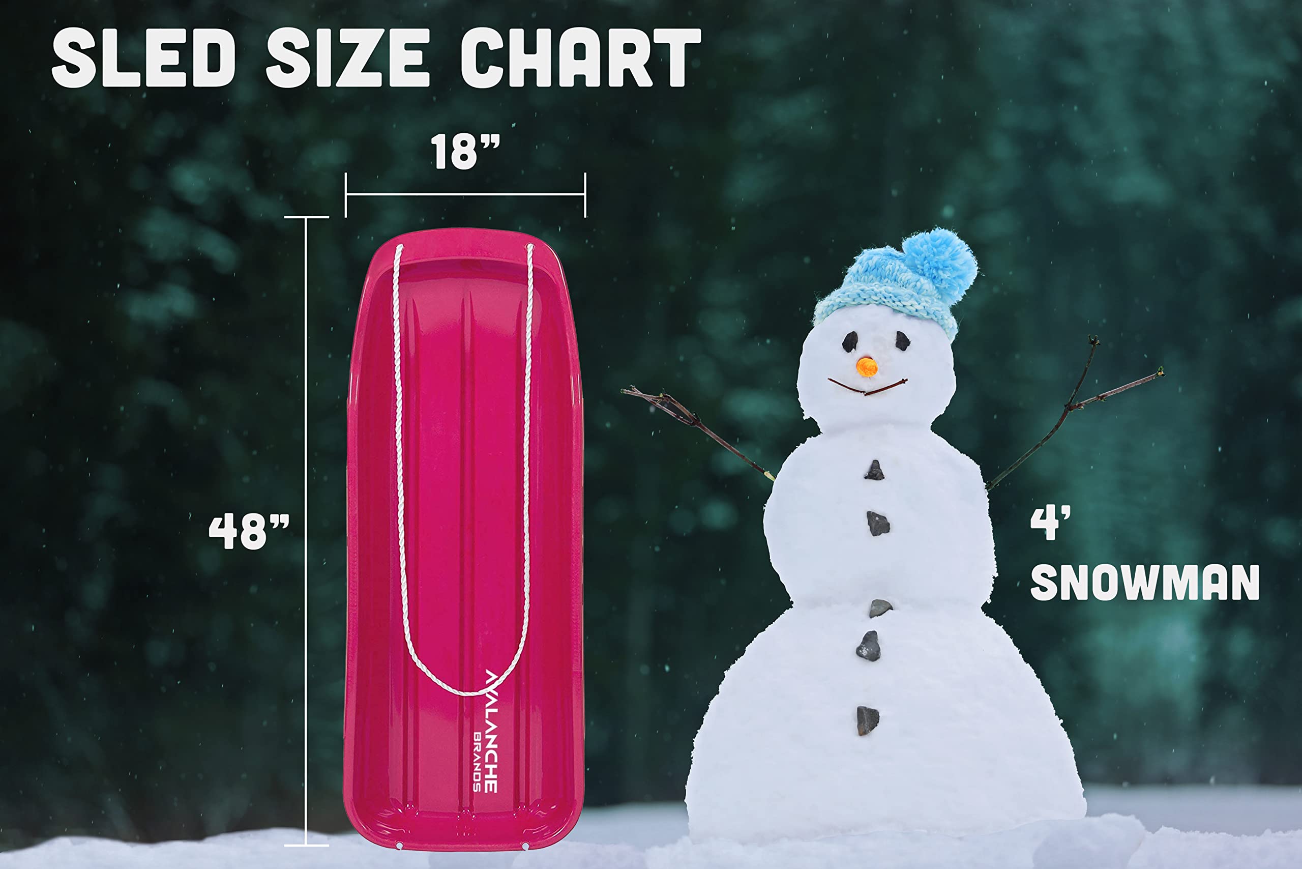 Avalanche Brands - Classic Downhill Toboggan Snow Sled Includes Pull Rope and Handles (Pink 48")