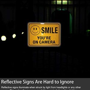 (4 Pack) Faittoo Smile You're On Camera Sign, 10x7 Reflective Rust Free .40 Aluminum, UV Protected, Weather Resistant, Durable Ink, Indoor & Outdoor Use for Home Business CCTV Security Camera