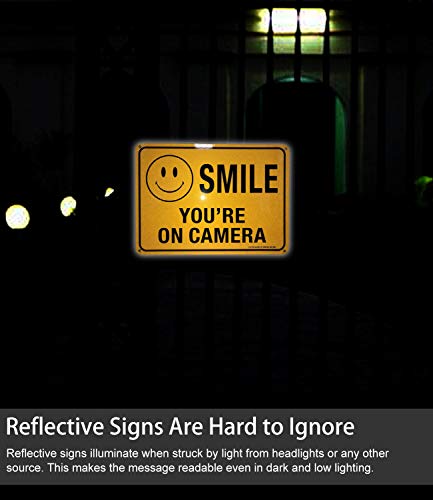 (4 Pack) Faittoo Smile You're On Camera Sign, 10x7 Reflective Rust Free .40 Aluminum, UV Protected, Weather Resistant, Durable Ink, Indoor & Outdoor Use for Home Business CCTV Security Camera