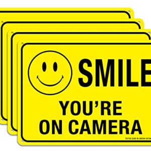 (4 Pack) Faittoo Smile You're On Camera Sign, 10x7 Reflective Rust Free .40 Aluminum, UV Protected, Weather Resistant, Durable Ink, Indoor & Outdoor Use for Home Business CCTV Security Camera