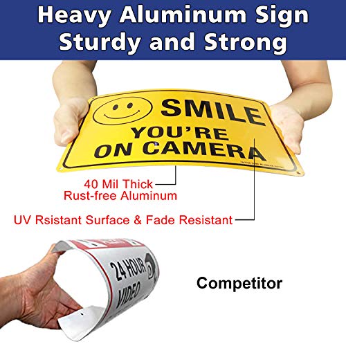 (4 Pack) Faittoo Smile You're On Camera Sign, 10x7 Reflective Rust Free .40 Aluminum, UV Protected, Weather Resistant, Durable Ink, Indoor & Outdoor Use for Home Business CCTV Security Camera