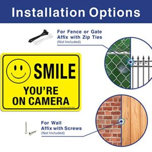 (4 Pack) Faittoo Smile You're On Camera Sign, 10x7 Reflective Rust Free .40 Aluminum, UV Protected, Weather Resistant, Durable Ink, Indoor & Outdoor Use for Home Business CCTV Security Camera