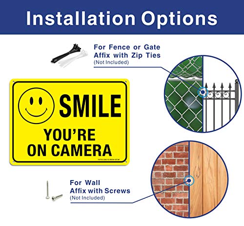 (4 Pack) Faittoo Smile You're On Camera Sign, 10x7 Reflective Rust Free .40 Aluminum, UV Protected, Weather Resistant, Durable Ink, Indoor & Outdoor Use for Home Business CCTV Security Camera