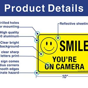 (4 Pack) Faittoo Smile You're On Camera Sign, 10x7 Reflective Rust Free .40 Aluminum, UV Protected, Weather Resistant, Durable Ink, Indoor & Outdoor Use for Home Business CCTV Security Camera