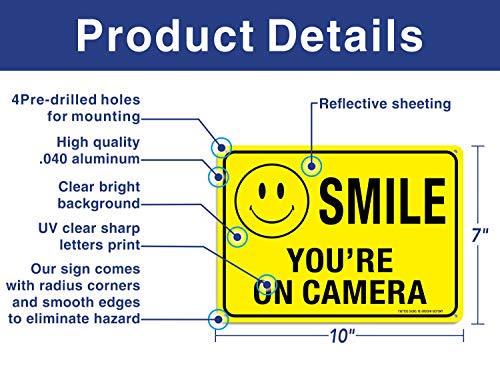 (4 Pack) Faittoo Smile You're On Camera Sign, 10x7 Reflective Rust Free .40 Aluminum, UV Protected, Weather Resistant, Durable Ink, Indoor & Outdoor Use for Home Business CCTV Security Camera