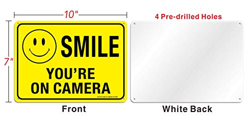 (4 Pack) Faittoo Smile You're On Camera Sign, 10x7 Reflective Rust Free .40 Aluminum, UV Protected, Weather Resistant, Durable Ink, Indoor & Outdoor Use for Home Business CCTV Security Camera