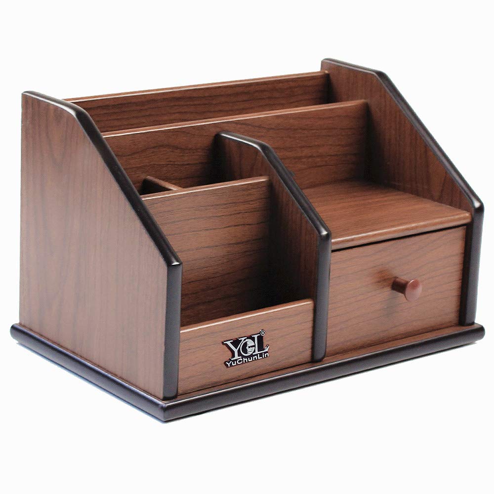 Wooden desk organizer with Drawer,Multifunctional Office & Home Storage Organizer as Large pencil holder makeup organizer remote control holder etc. (YCL829)