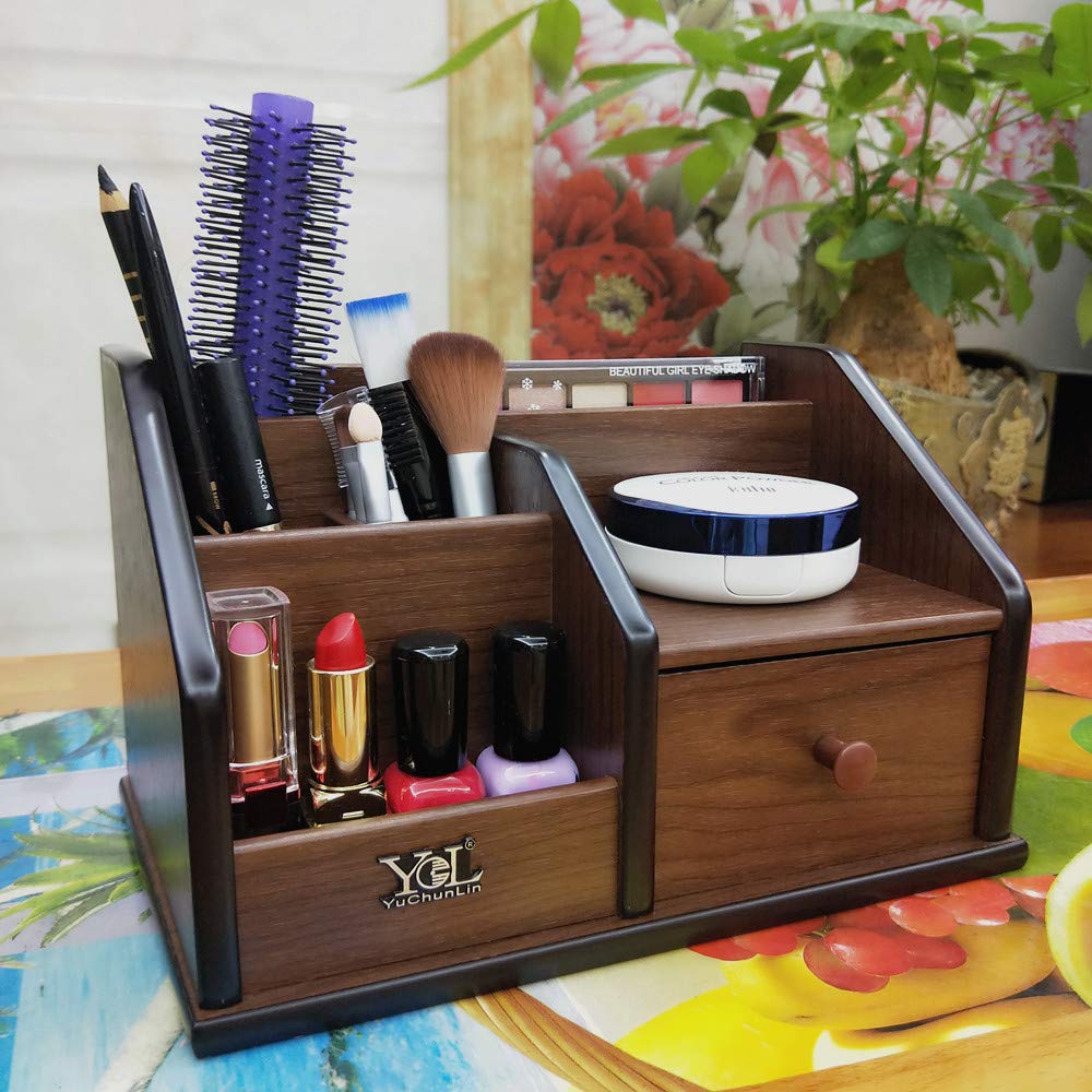 Wooden desk organizer with Drawer,Multifunctional Office & Home Storage Organizer as Large pencil holder makeup organizer remote control holder etc. (YCL829)