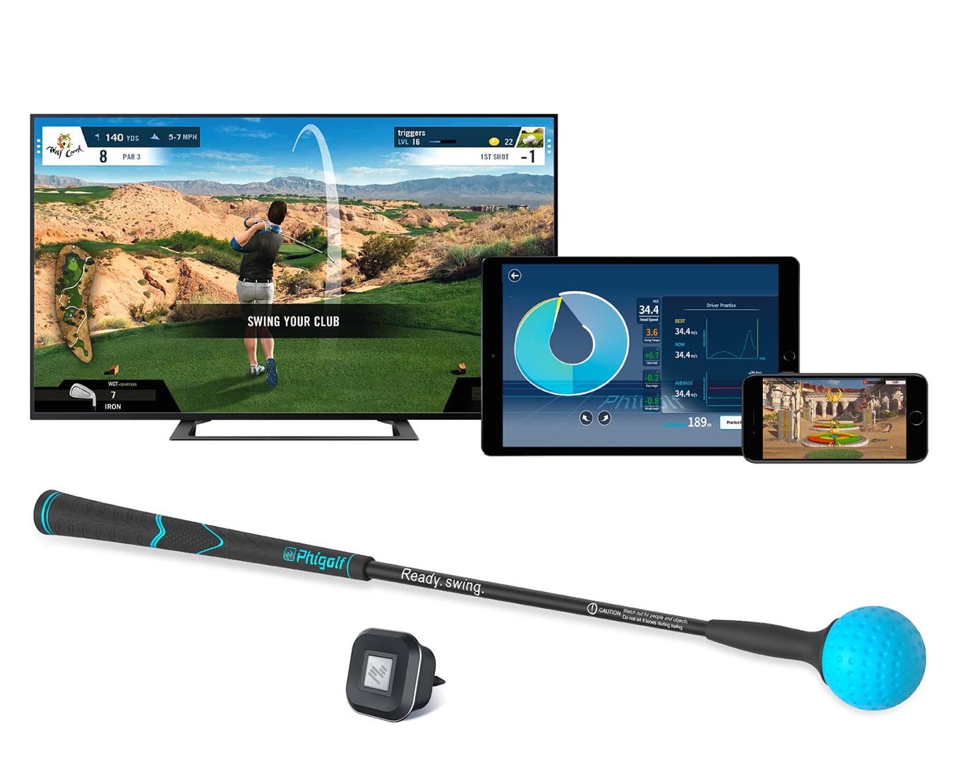 PHIGOLF Home Golf Simulator, Enjoy Interactive Golfing with Smart Motion Sensor and Swing Stick for Indoor and Outdoor Fun - Compatible with Android, iOS, WGT, and E6 Connect Series