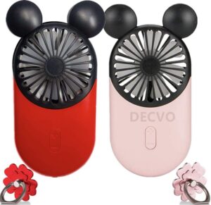 decvo cute personal mini fan, handheld & portable usb rechargeable fan with beautiful led light, 3 adjustable speeds, portable holder, for indoor or outdoor activities, cute mouse 2 pack (red+pink)