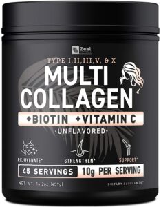 premium multi collagen peptides protein powder (1, 2, 3, 5 & 10) with vitamin c, biotin, hyaluronic acid, for hair skin and nails - marine, bovine, chicken & eggshell (unflavored, 45 servings)