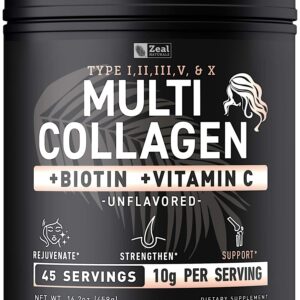 Premium Multi Collagen Peptides Protein Powder (1, 2, 3, 5 & 10) with Vitamin C, Biotin, Hyaluronic Acid, for Hair Skin and Nails - Marine, Bovine, Chicken & Eggshell (Unflavored, 45 Servings)