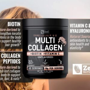 Premium Multi Collagen Peptides Protein Powder (1, 2, 3, 5 & 10) with Vitamin C, Biotin, Hyaluronic Acid, for Hair Skin and Nails - Marine, Bovine, Chicken & Eggshell (Unflavored, 45 Servings)