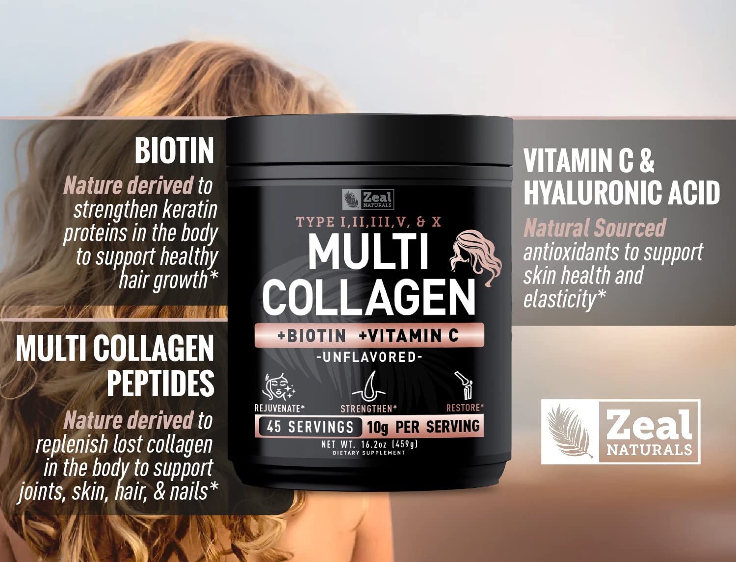 Premium Multi Collagen Peptides Protein Powder (1, 2, 3, 5 & 10) with Vitamin C, Biotin, Hyaluronic Acid, for Hair Skin and Nails - Marine, Bovine, Chicken & Eggshell (Unflavored, 45 Servings)