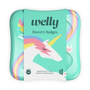 welly bandages | adhesive flexible fabric bravery badges | assorted shapes for minor cuts, scrapes, and wounds | colorful and fun first aid tin | unicorn patterns - 48 count