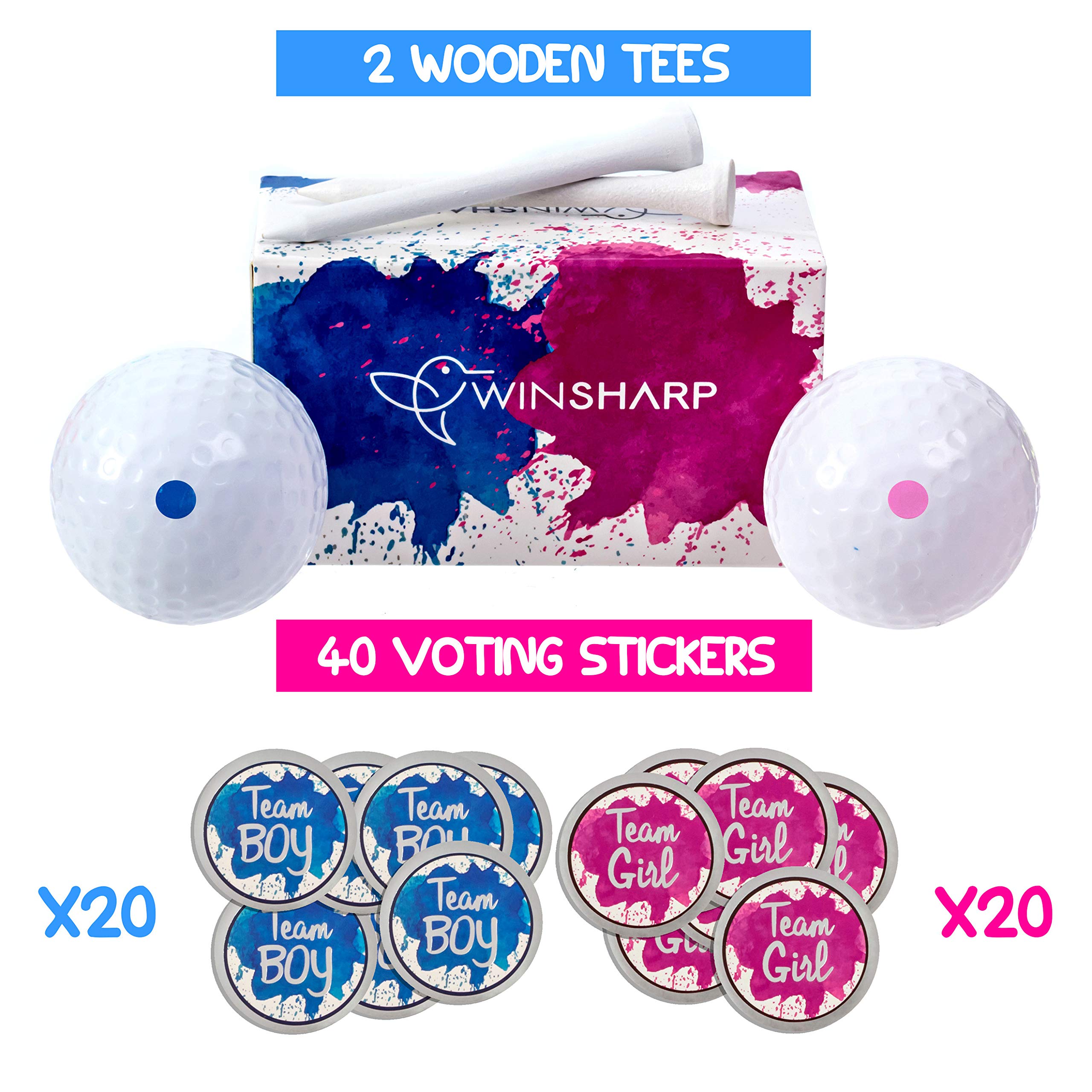 Winsharp Gender Reveal Golf Balls Exploding Golf Ball Set - 2 Balls - 1 Pink & Blue Plus Golf Tees and 20 Pink and 20 Blue Baby Gender Voting Stickers Gender Reveal Decoration Ideas Golf Theme