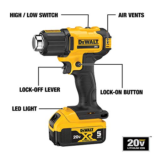 DEWALT 20V MAX Heat Gun Kit, Cordless, Up to 990 Degrees, 42 Minutes of Run Time, LED Light, Battery and Charger Included (DCE530P1)