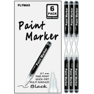 flymax black paint pen, 6 pack 0.7mm acrylic black permanent marker for glass ceramic rock leather plastic stone metal canvas enamel waterproof writing extra fine point