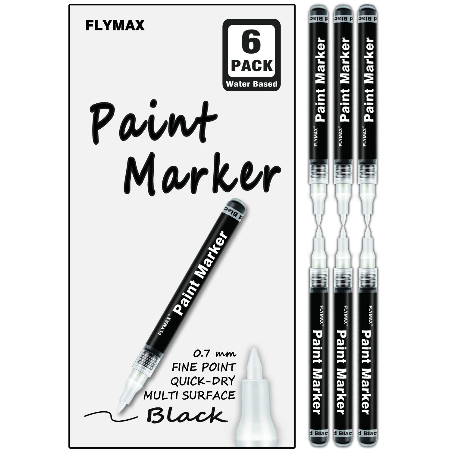 FLYMAX Black Paint Pen, 6 Pack 0.7mm Acrylic Black Permanent Marker for Glass Ceramic Rock Leather Plastic Stone Metal Canvas Enamel Waterproof Writing Extra Fine Point