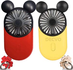 decvo cute personal mini fan, handheld & portable usb rechargeable fan with beautiful led light, 3 adjustable speeds, portable holder, for indoor or outdoor activities, cute mouse 2 pack (red+yellow)