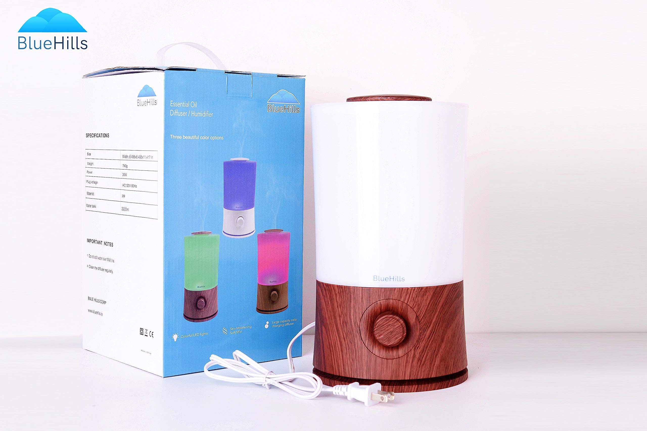 BlueHills Premium 2000 ML XL Essential Oil Diffuser Aromatherapy Humidifier for Large Room Home 40 Hour Run Huge Coverage Area 2 Liter Extra Large Capacity Diffuser High Mist Dark Wood Grain E003