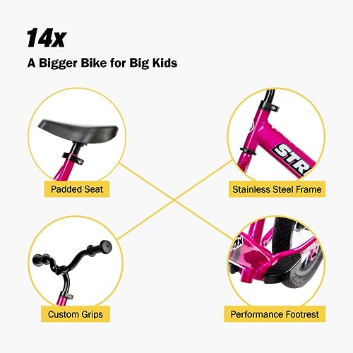 Strider 14x, Funky Fuchsia - Balance Bike for Kids 3 to 7 Years - Includes Custom Grips, Padded Seat, Performance Footrest & All-Purpose Tires - Easy Assembly & Adjustments