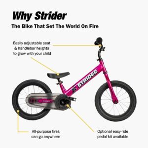 Strider 14x, Funky Fuchsia - Balance Bike for Kids 3 to 7 Years - Includes Custom Grips, Padded Seat, Performance Footrest & All-Purpose Tires - Easy Assembly & Adjustments