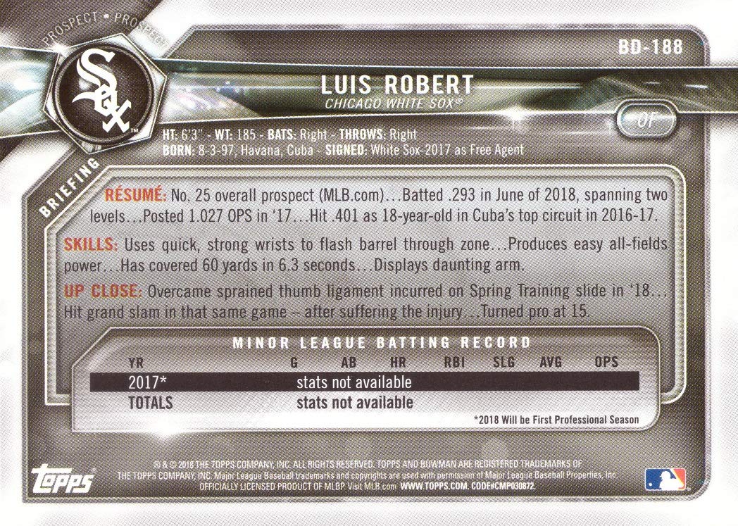 2018 Bowman Draft Baseball #BD-188 Luis Robert Pre-Rookie Card