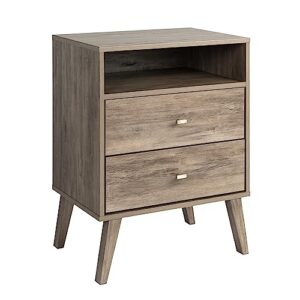 prepac milo 2-drawer tall nightstand with open shelf, drifted gray