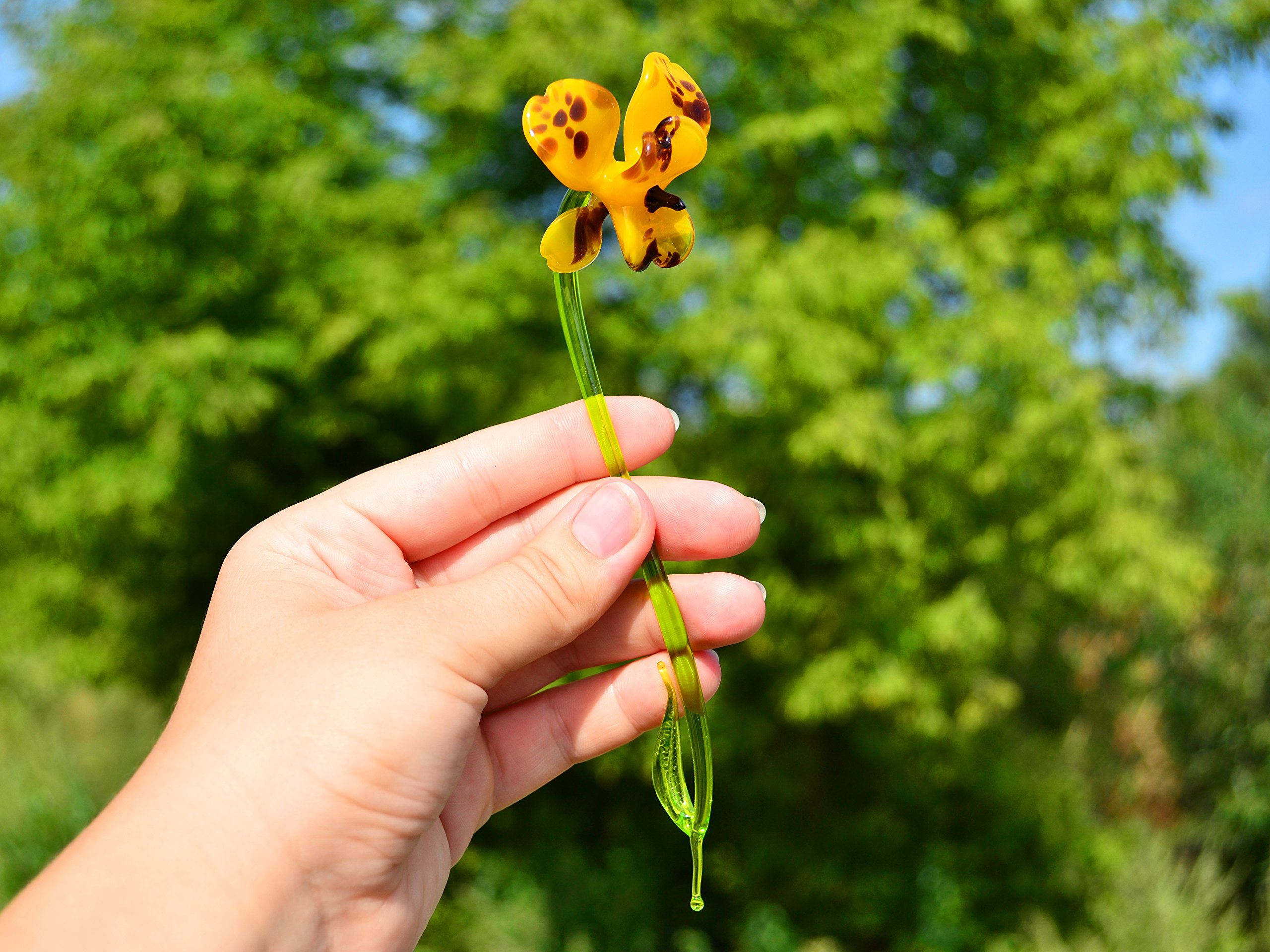 Yellow Glass Flower Figurine Blown Flower Sculpture Art Glass Flower Murano Long Stem Flower Garden Ornaments Decoration Collectible Glass