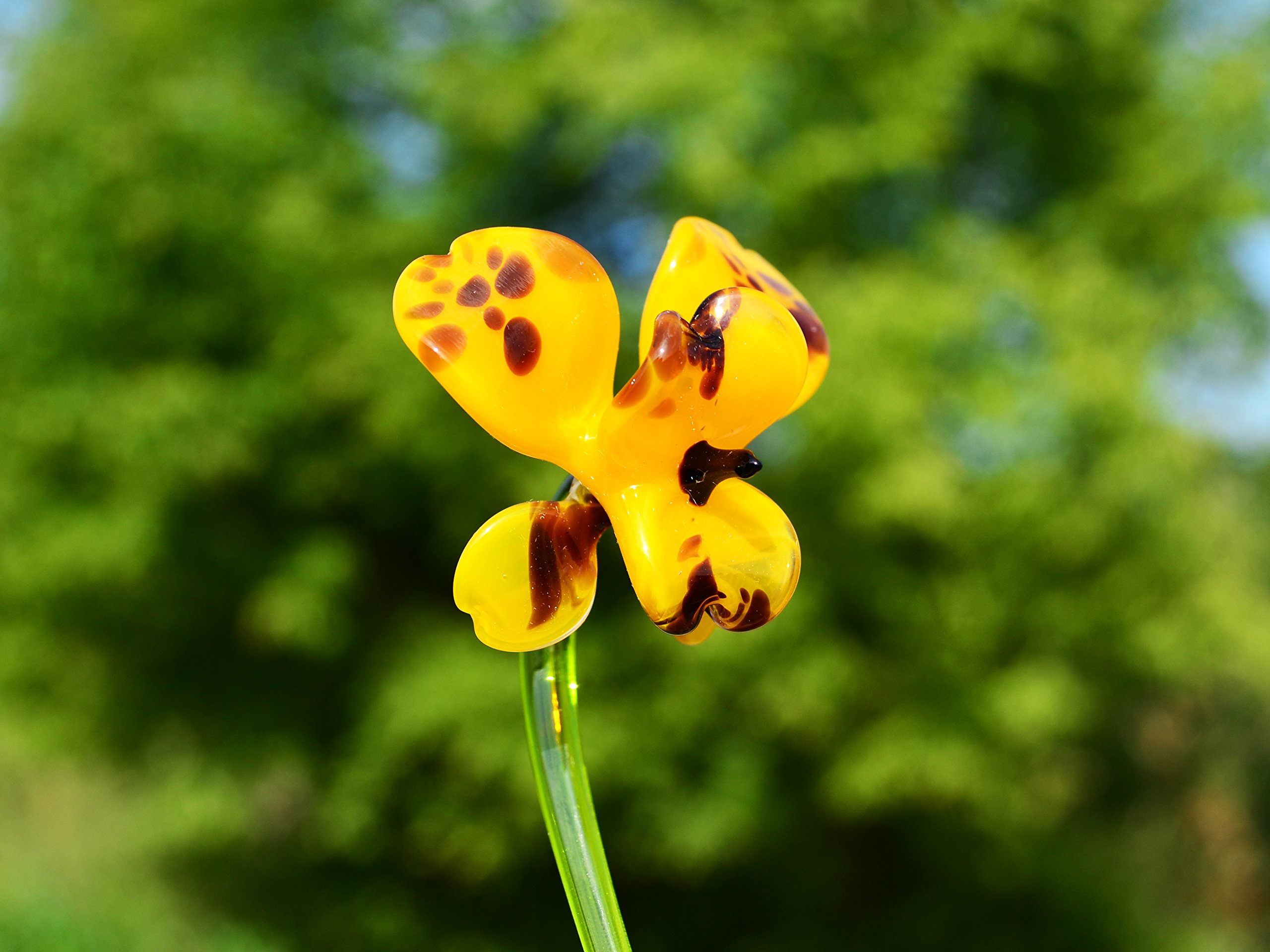 Yellow Glass Flower Figurine Blown Flower Sculpture Art Glass Flower Murano Long Stem Flower Garden Ornaments Decoration Collectible Glass