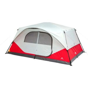 outbound quickcamp 10 person 3 season lightweight easy up cabin style tent with a heavy duty 600 mm coated rainfly, front canopy, and carry bag, red