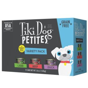 tiki pets 11343 dog petites pate – high protein & grain free wet food lamb, beef & duck recipes, 12 cans 3oz, variety pack