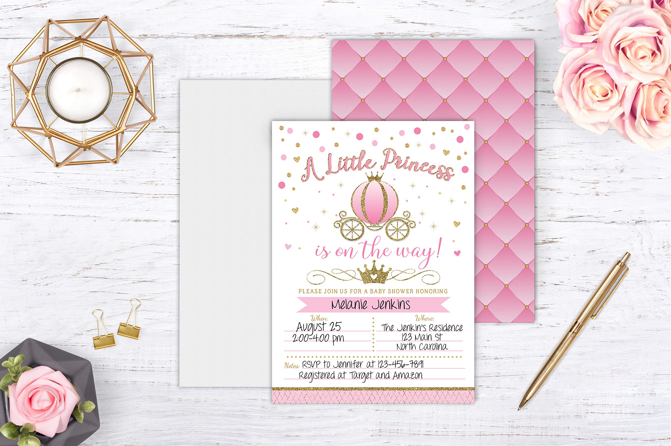 Your Main Event Prints Princess Baby Shower Invitation, Royal Pink and Gold Carriage Baby Sprinkle, 20 Fill in Invitations and Envelopes