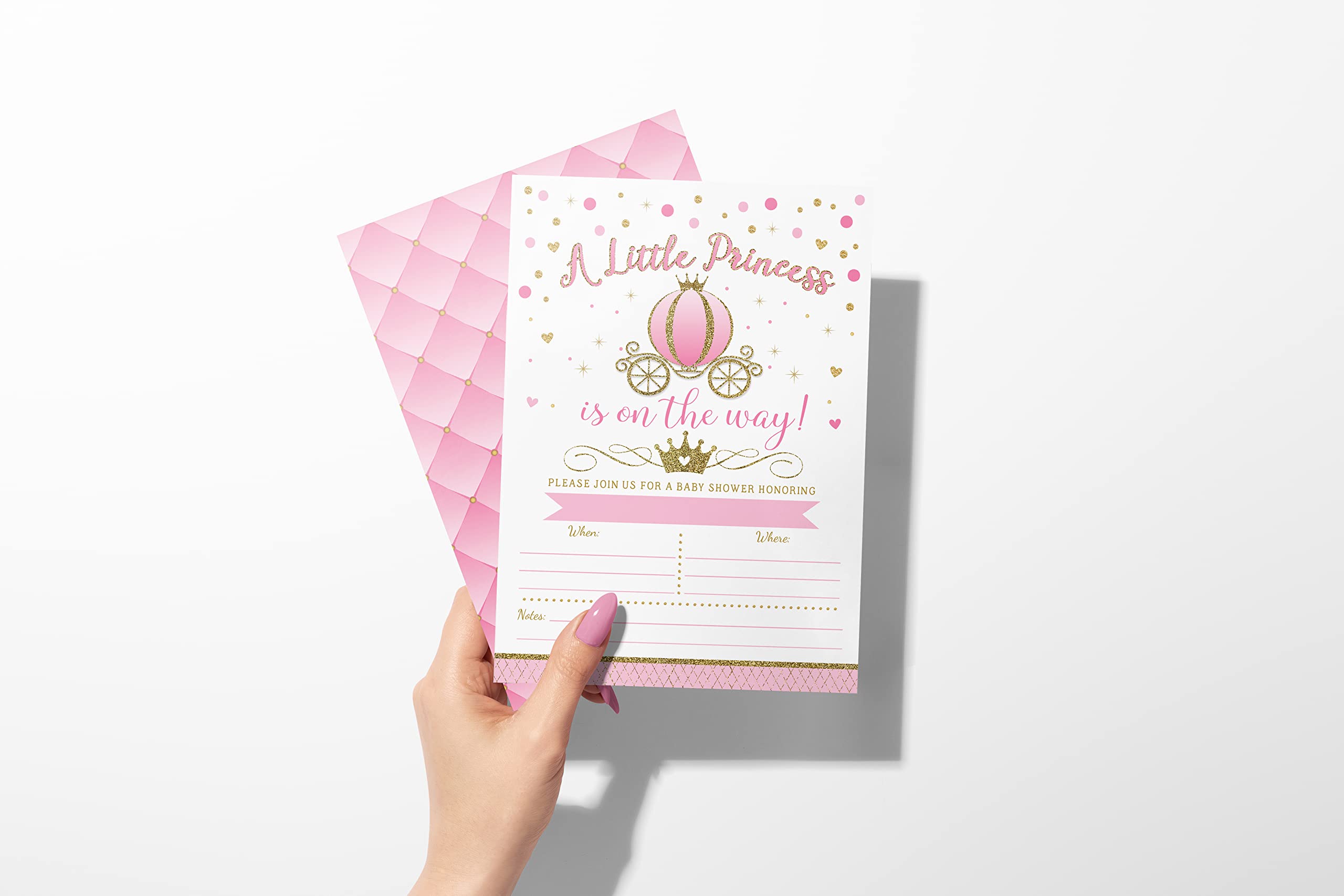 Your Main Event Prints Princess Baby Shower Invitation, Royal Pink and Gold Carriage Baby Sprinkle, 20 Fill in Invitations and Envelopes