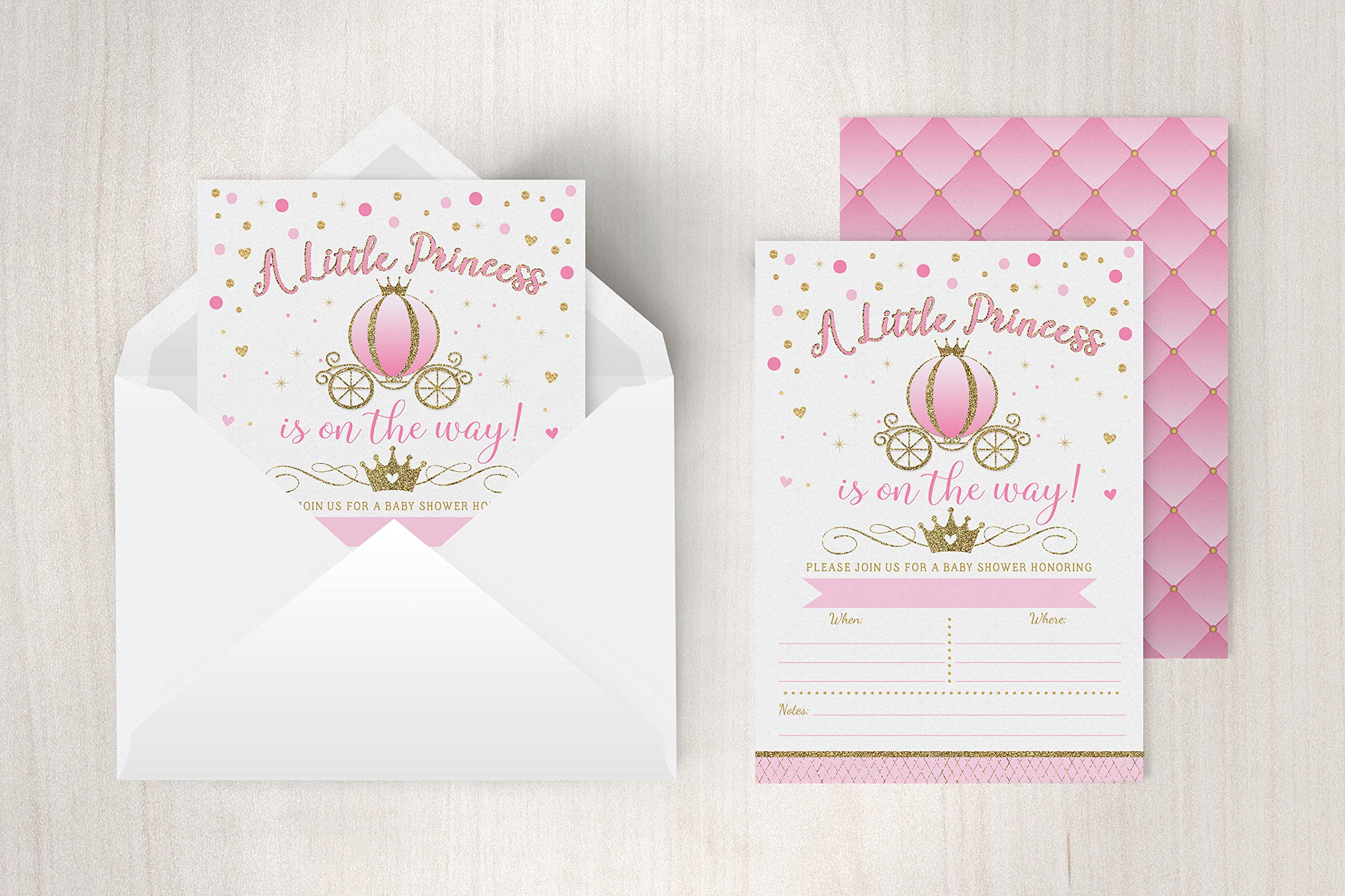 Your Main Event Prints Princess Baby Shower Invitation, Royal Pink and Gold Carriage Baby Sprinkle, 20 Fill in Invitations and Envelopes