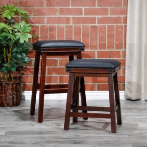 DTY Indoor Living Cortez Bonded Leather Stool, Espresso Finish, 30" Bar Height, Black Leather Seat