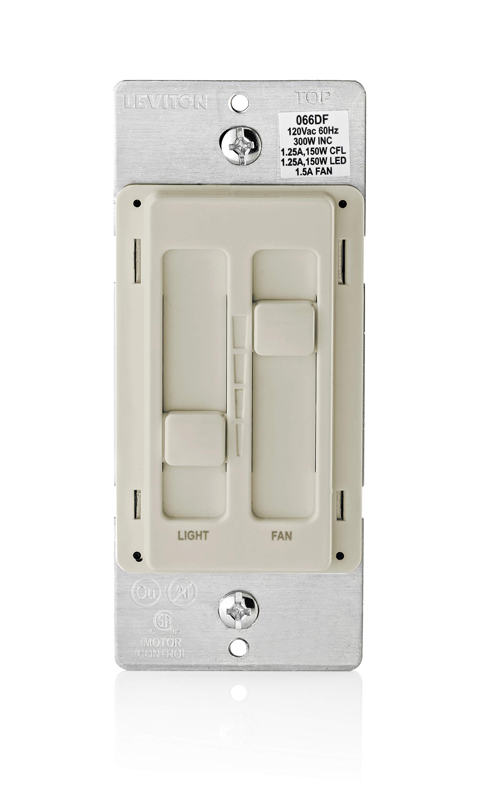 Leviton SureSlide Ceiling Fan Control and Dimmer Switch for LED, Halogen and Incandescent Bulbs, 66DF-10T, Light Almond