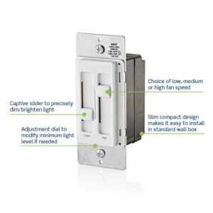 Leviton SureSlide Ceiling Fan Control and Dimmer Switch for LED, Halogen and Incandescent Bulbs, 66DF-10T, Light Almond