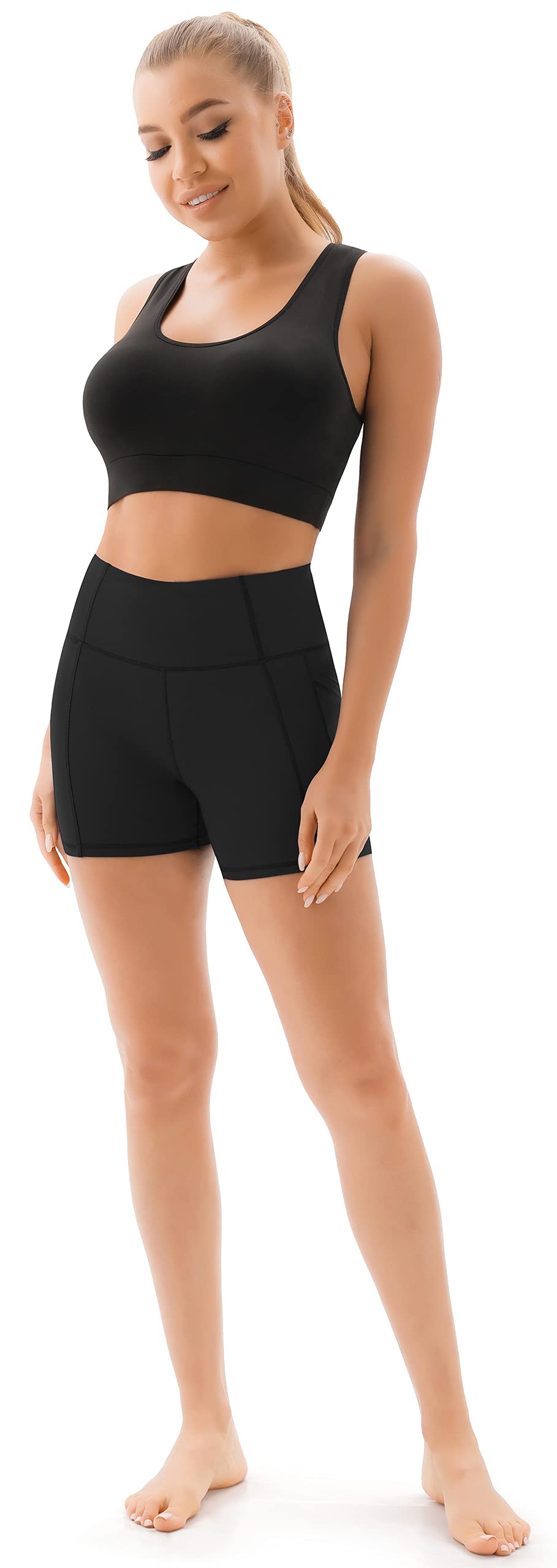 PERSIT Yoga Shorts for Women with Pockets High Wasited Running Athletic Biker Workout Shorts Tight Gym Shorts Yoga Pants - Black - M