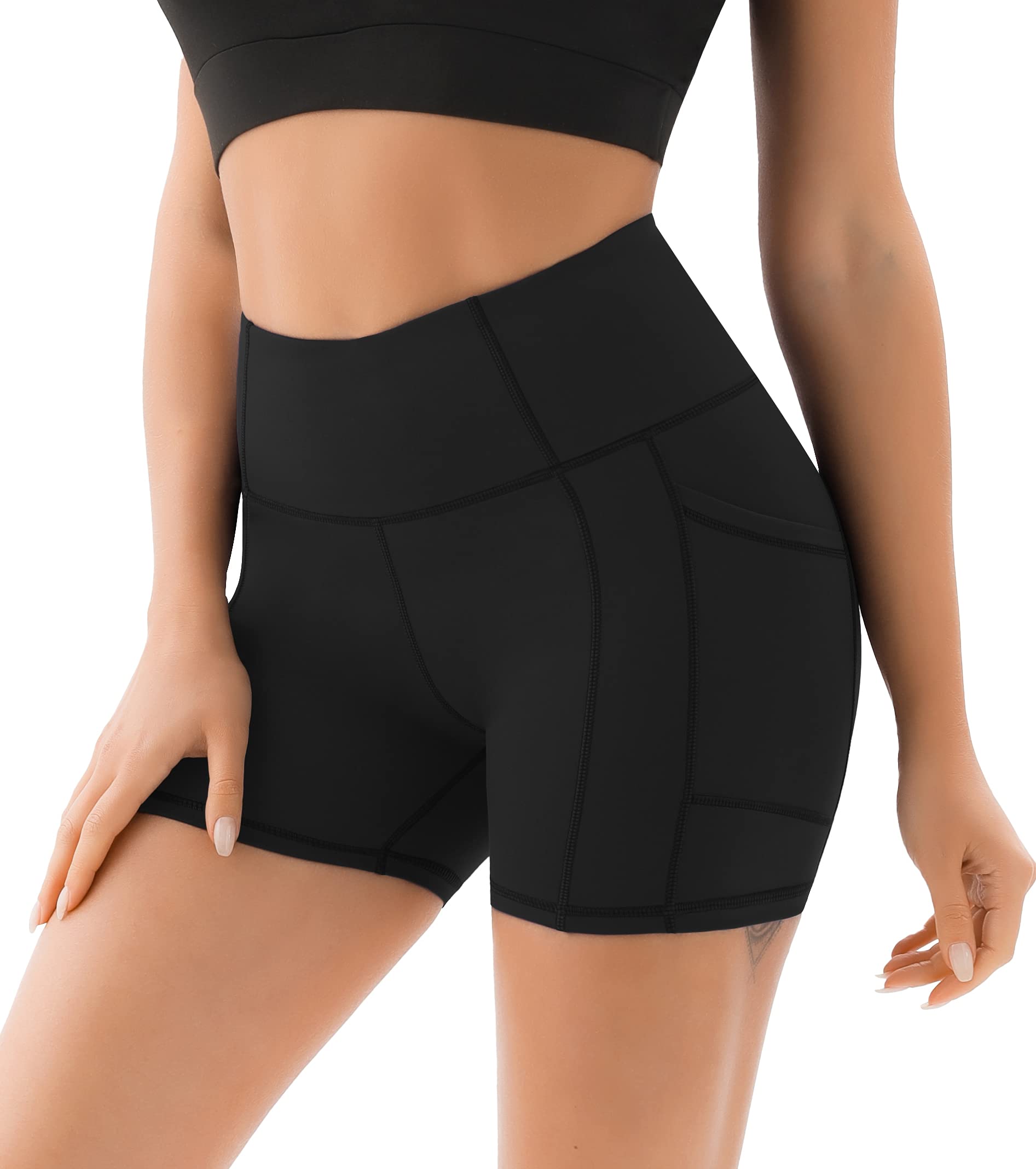 PERSIT Yoga Shorts for Women with Pockets High Wasited Running Athletic Biker Workout Shorts Tight Gym Shorts Yoga Pants - Black - M