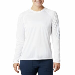 Columbia Women's Standard PFG Tidal Tee II Sun Protection Long Sleeve Shirt, White/Cirrus Grey Logo, Small