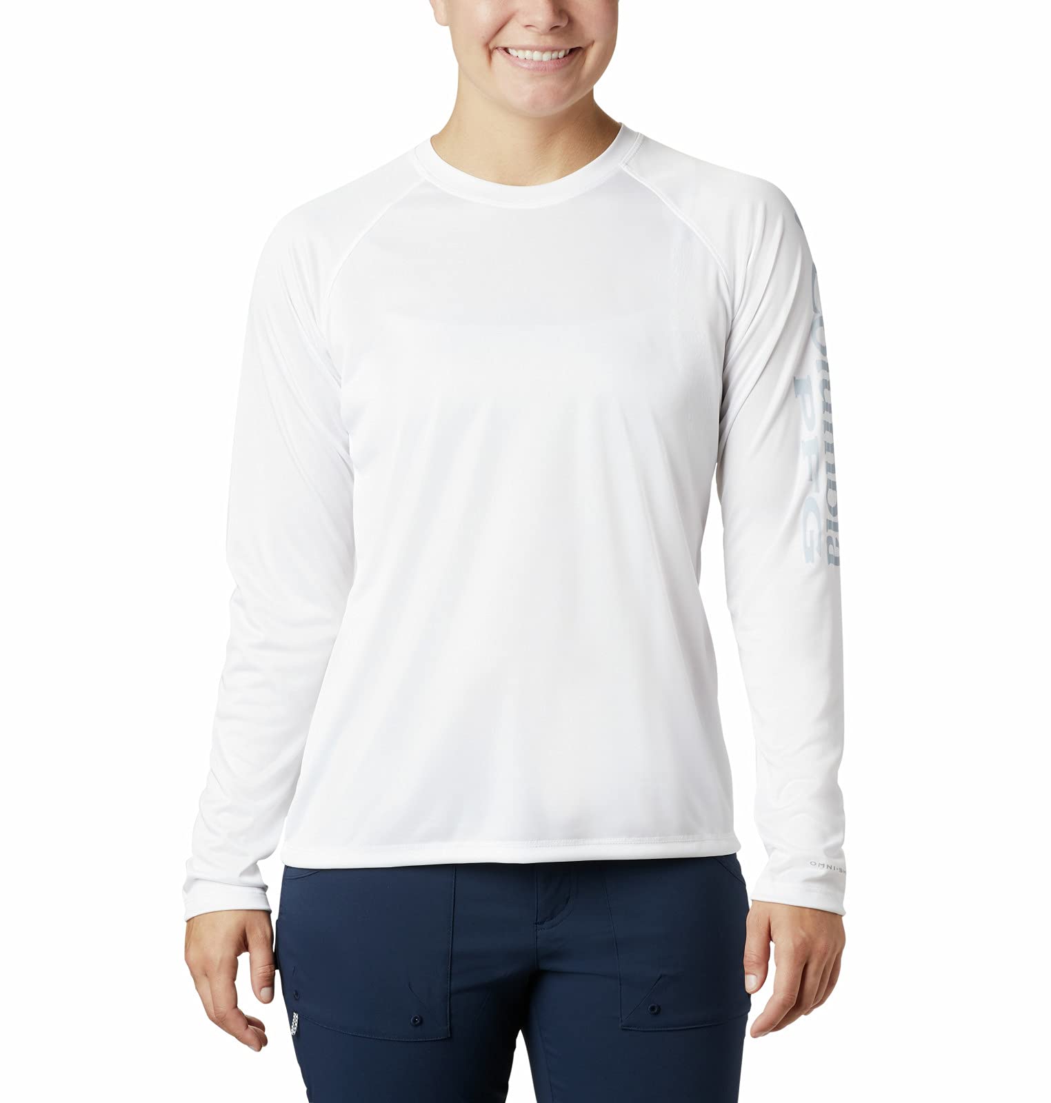 Columbia Women's Standard PFG Tidal Tee II Sun Protection Long Sleeve Shirt, White/Cirrus Grey Logo, Small