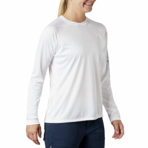 Columbia Women's Standard PFG Tidal Tee II Sun Protection Long Sleeve Shirt, White/Cirrus Grey Logo, Small